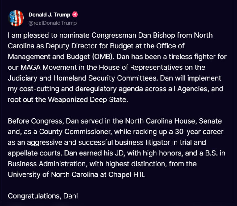 Trump Nominates Charlotte-Area Congressman Dan Bishop As OMB Director